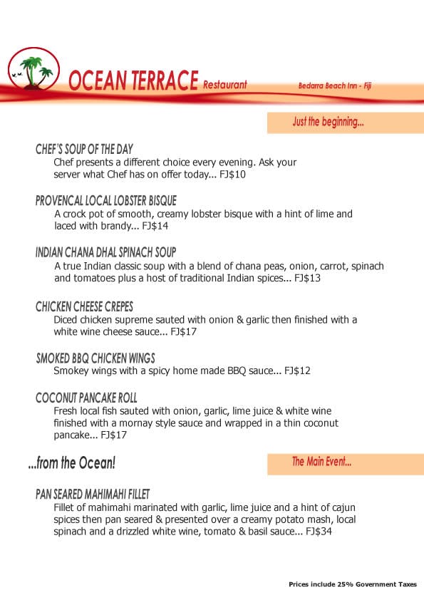 Dinner Menu | Bedarra Beach Inn