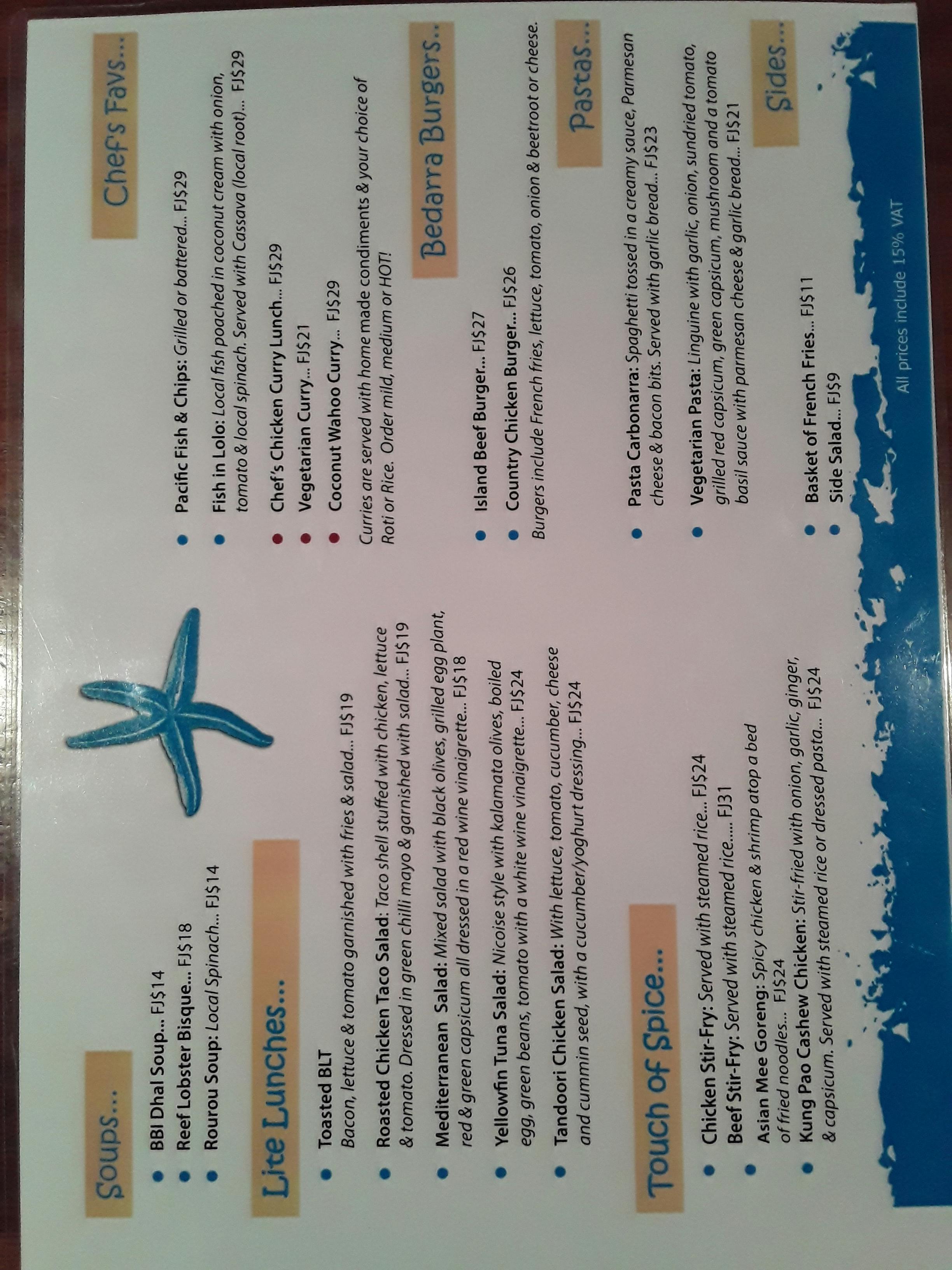 Lunch Menu | Bedarra Beach Inn