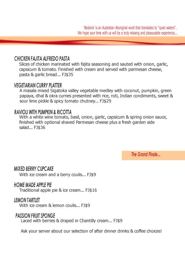 Dinner Menu | Bedarra Beach Inn