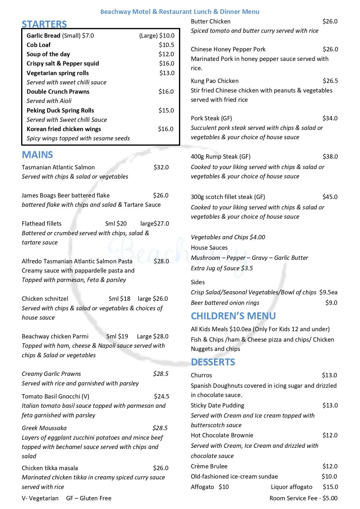 Restaurant Menus | Beachway Motel & Restaurant