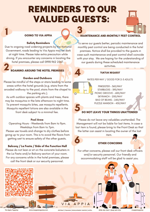 REMINDERS TO OUR GUESTS | Via Appia Tagaytay